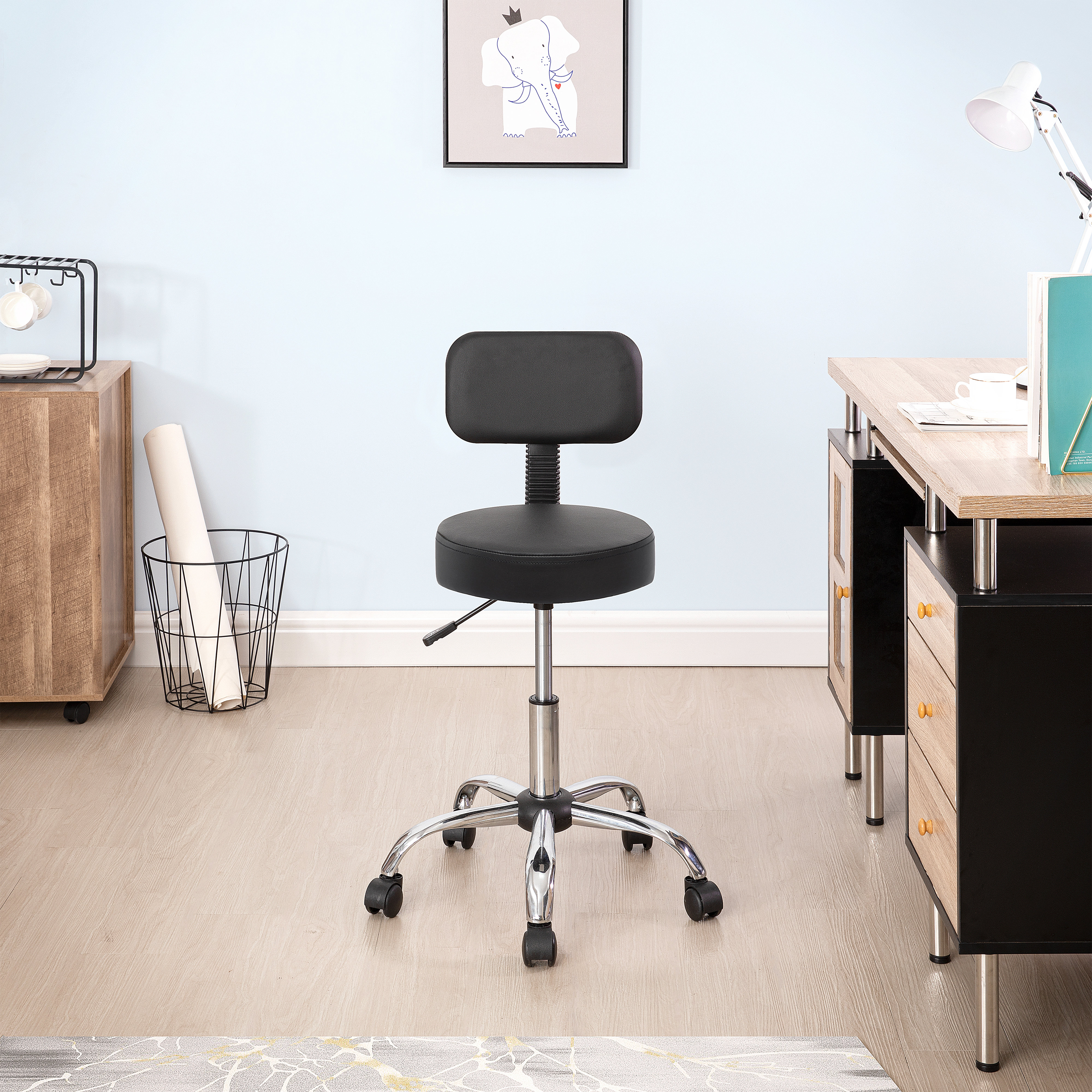 Dakotajames Adjustable Drafting Stool Office Stool with Wheels and Backrest Faux Leather Space Saving Rolling Stool Latitude Run Upholstery Black